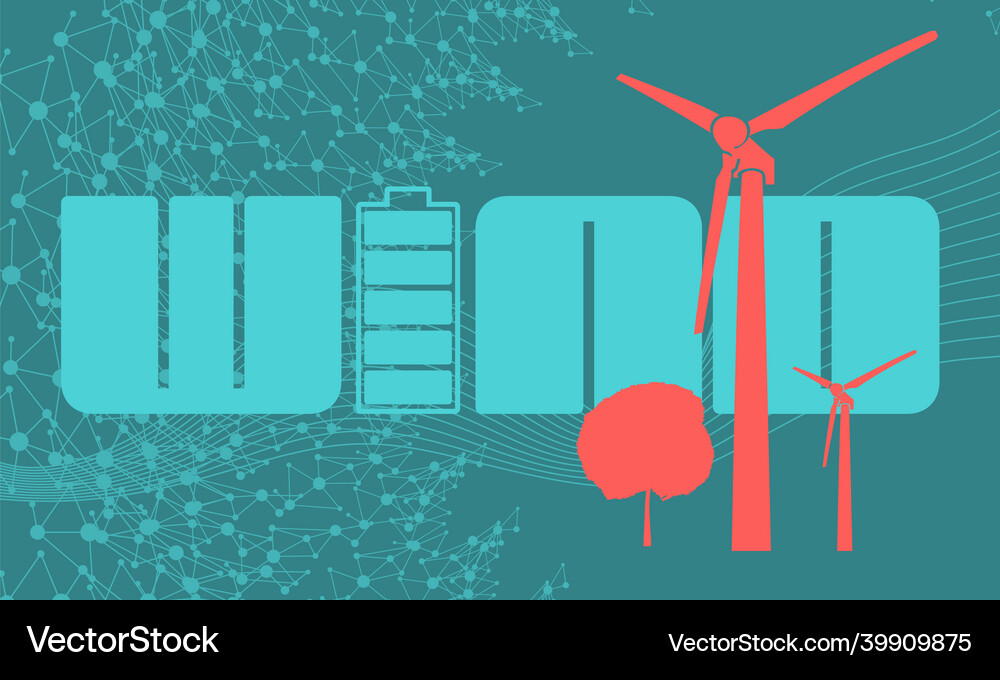 Wind word with battery icon turbine and tree Vector Image