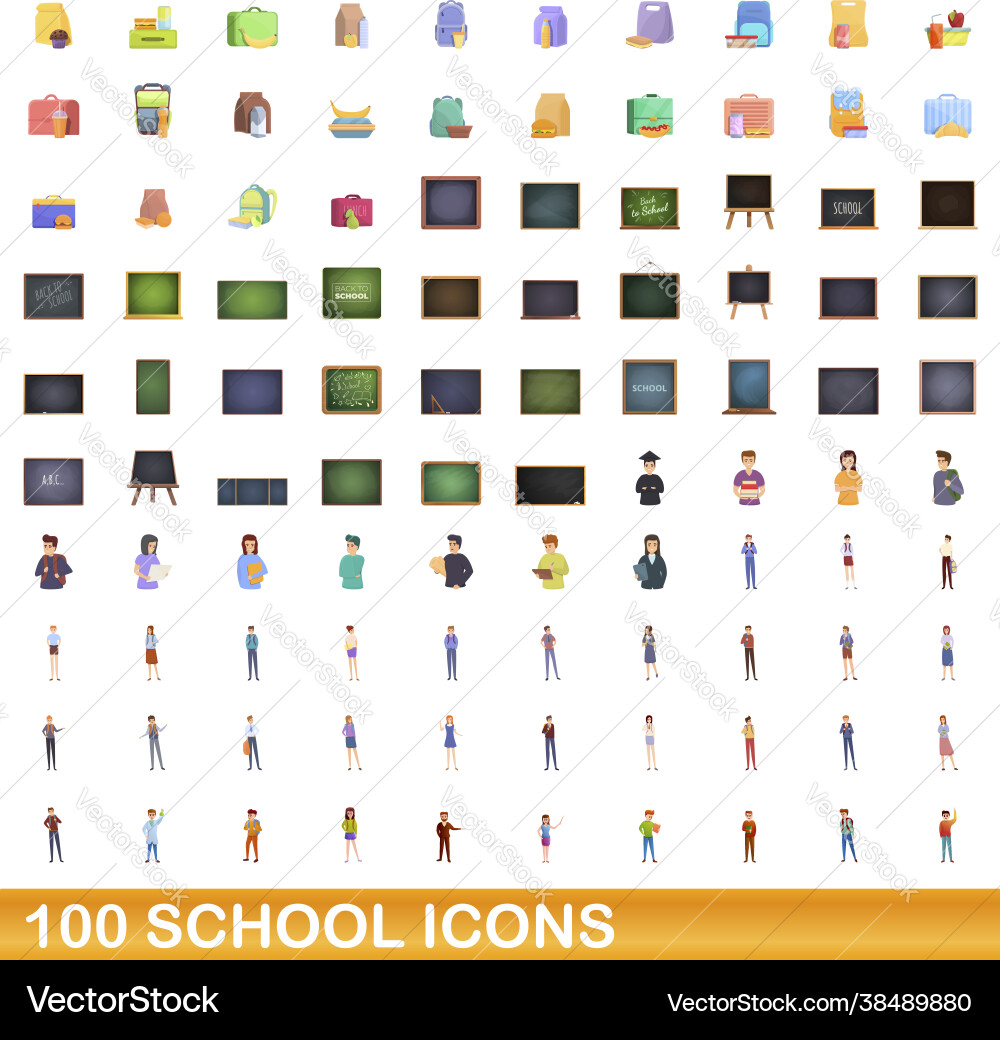 100 school icons set cartoon style Royalty Free Vector Image