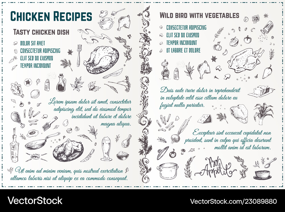 Chicken recipes vintage hand drawn Royalty Free Vector Image