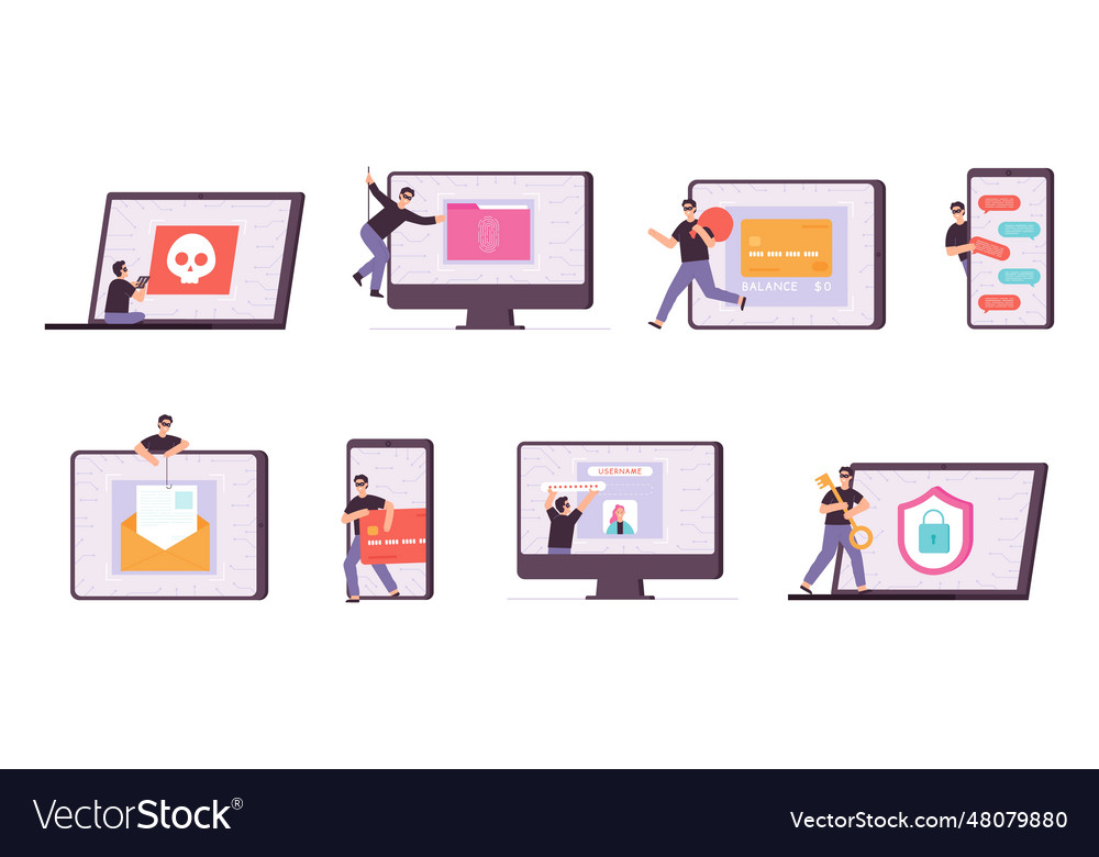 Flat cyber thief and hacker characters stealing Vector Image