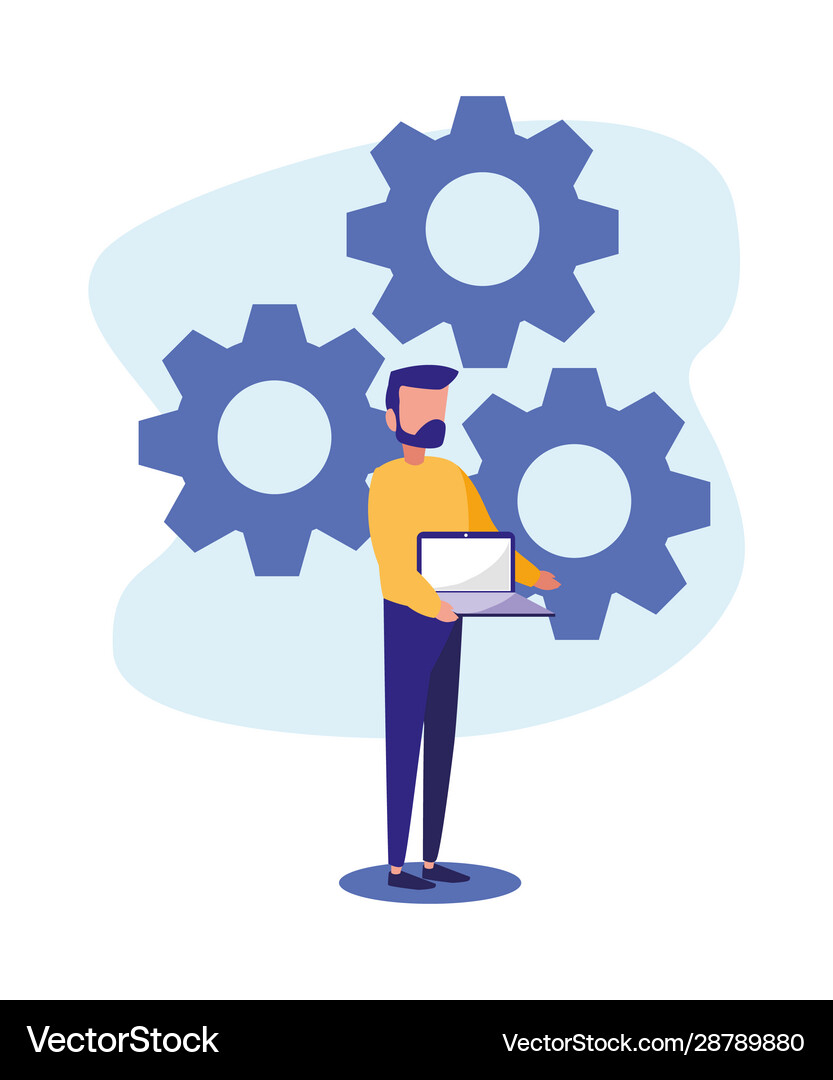 Man with laptop and gears design Royalty Free Vector Image