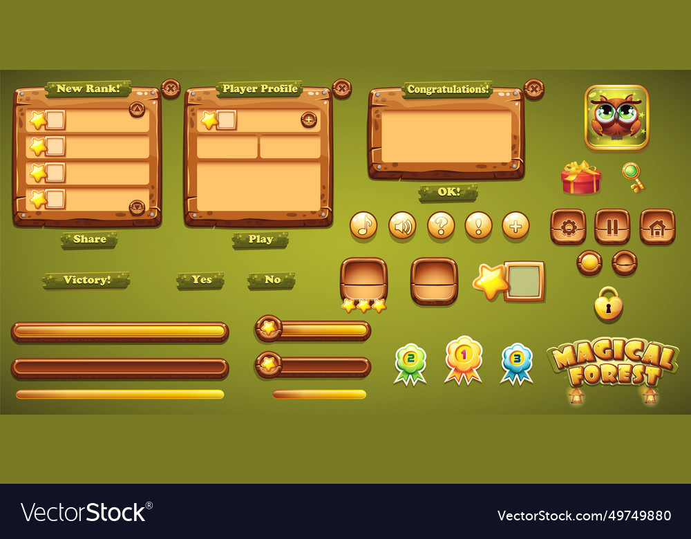 Set wooden buttons progress bars objects Vector Image