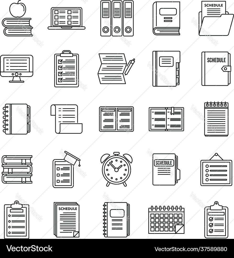 Syllabus week icons set outline style Royalty Free Vector
