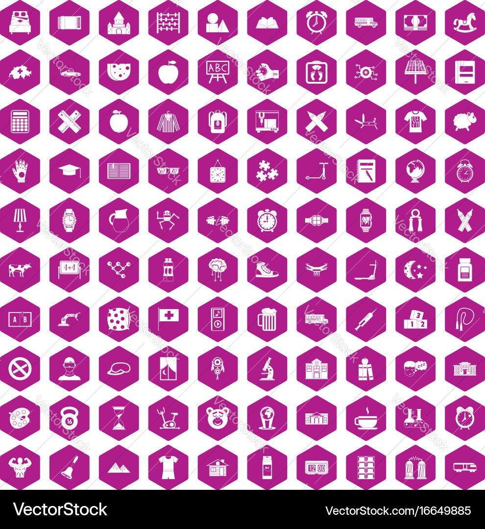 100 alarm clock icons hexagon violet Royalty Free Vector