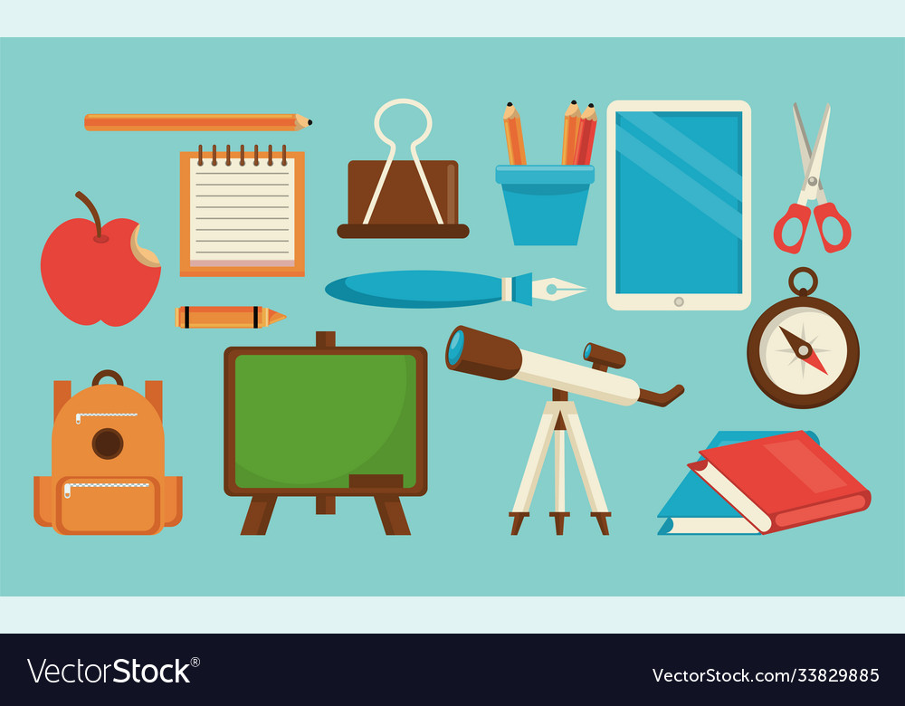 Bundle school supplies set icons Royalty Free Vector Image