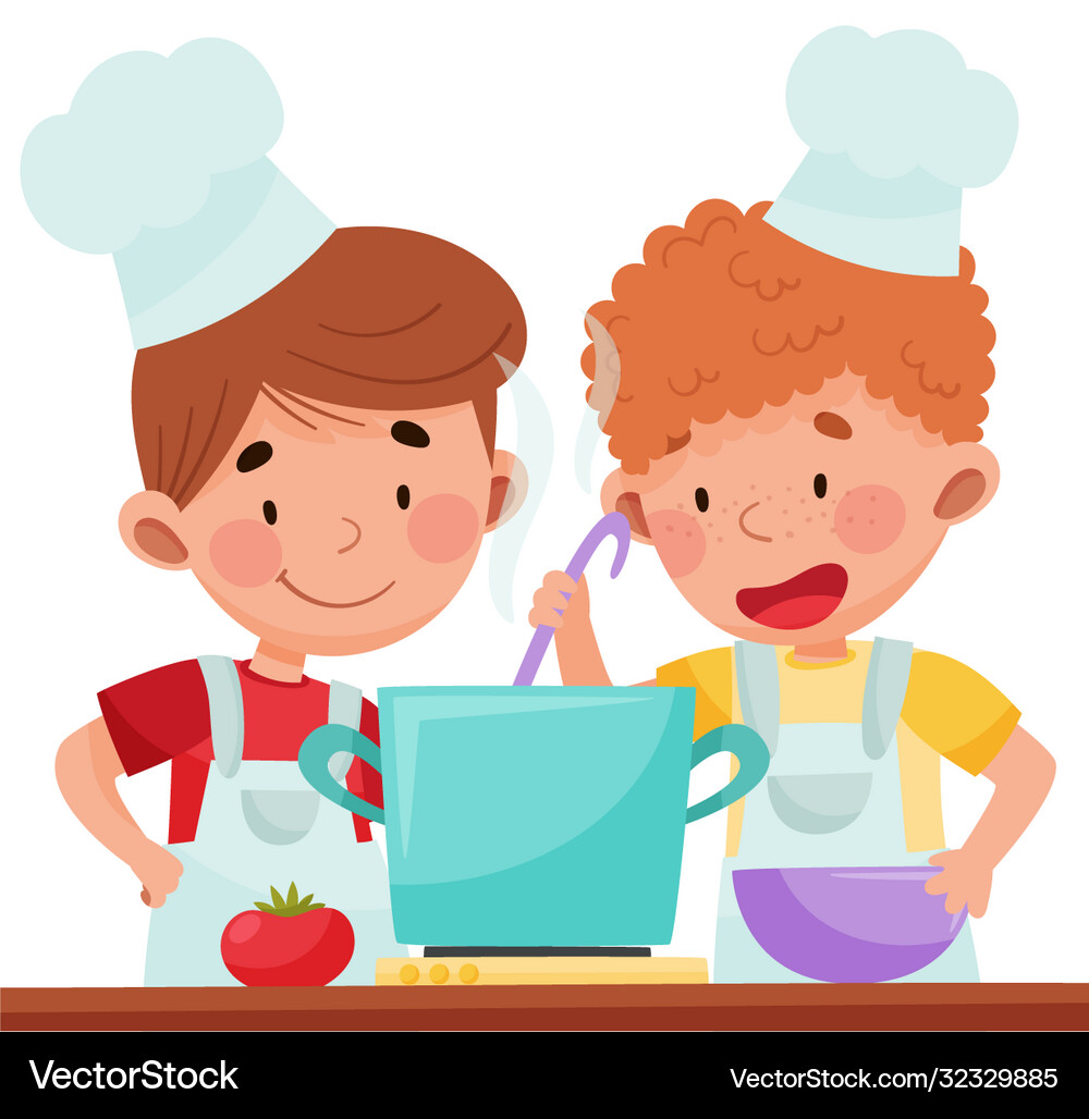 Cute boy chef characters wearing apron and hat Vector Image