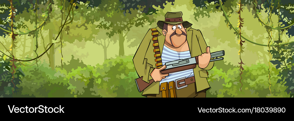 Cartoon man hunter with a gun walking through Vector Image