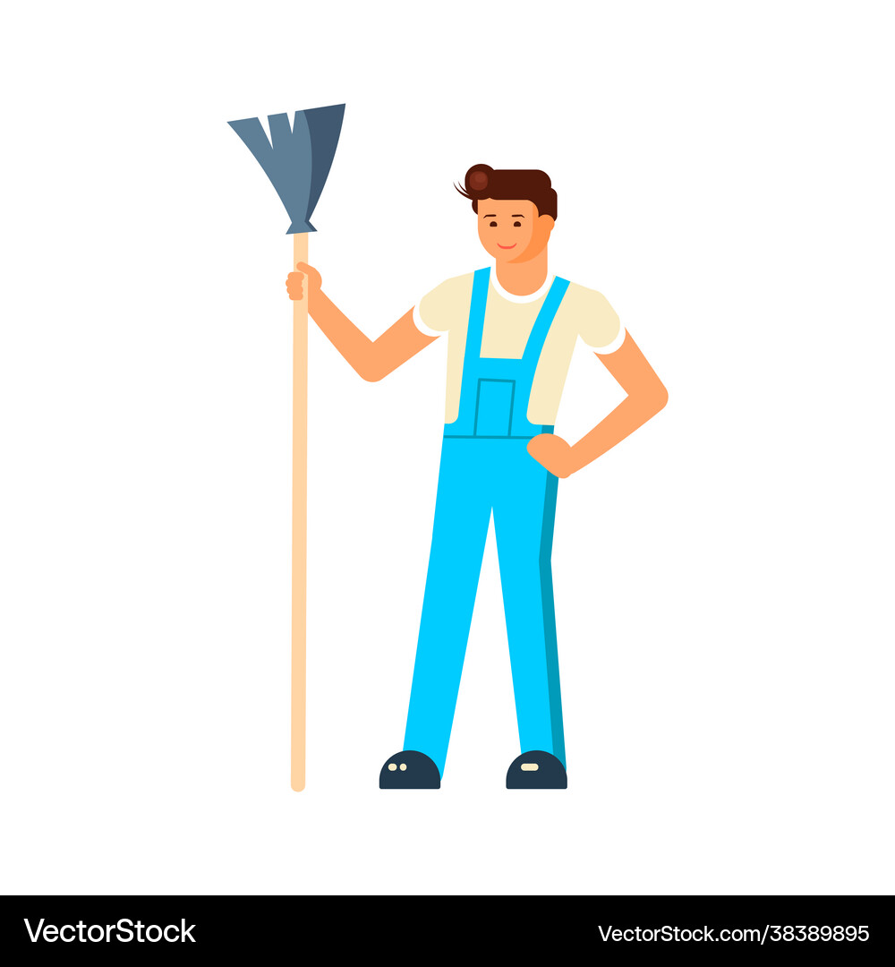 Male friendly cleaner with a mop dressed in work Vector Image