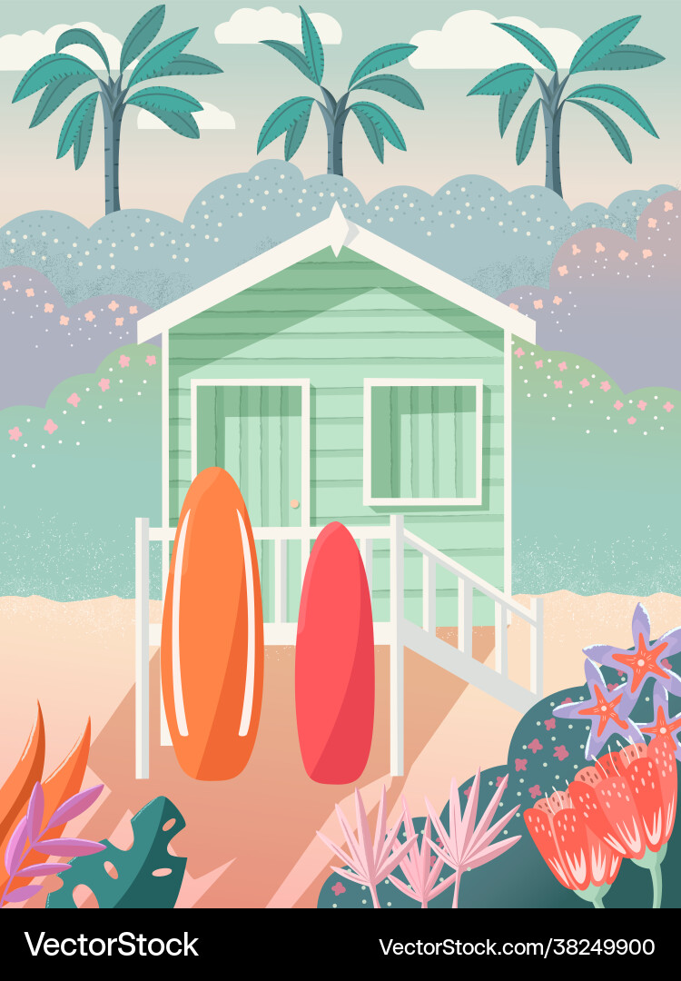 Bungalow on a beach with surfboards deck Vector Image