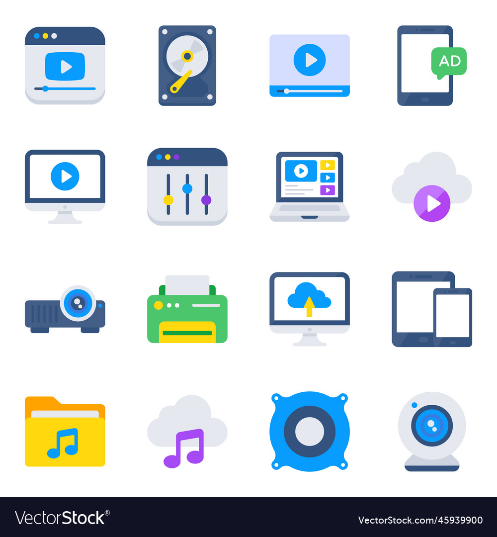 Pack of multimedia flat icons Royalty Free Vector Image