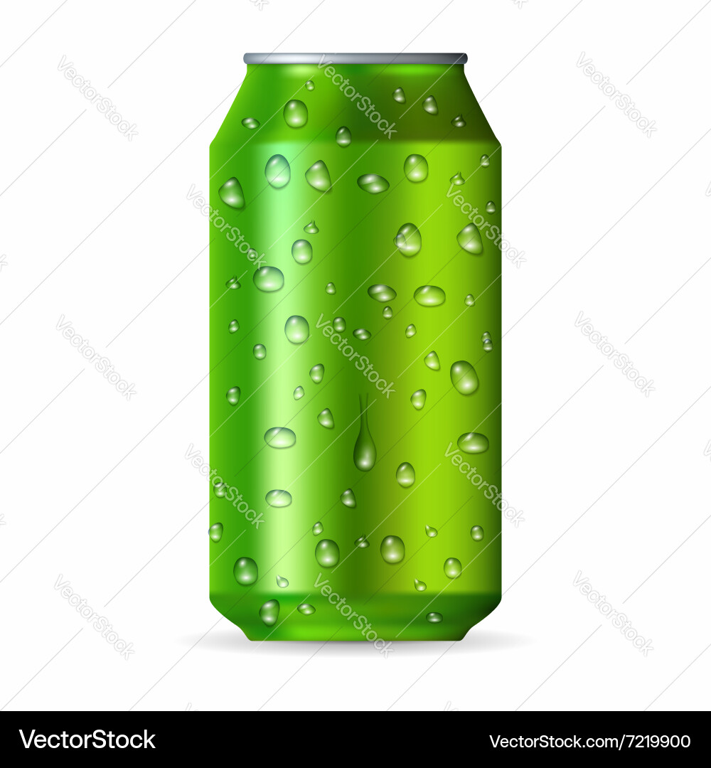 Realistic green aluminum can with drops Royalty Free Vector