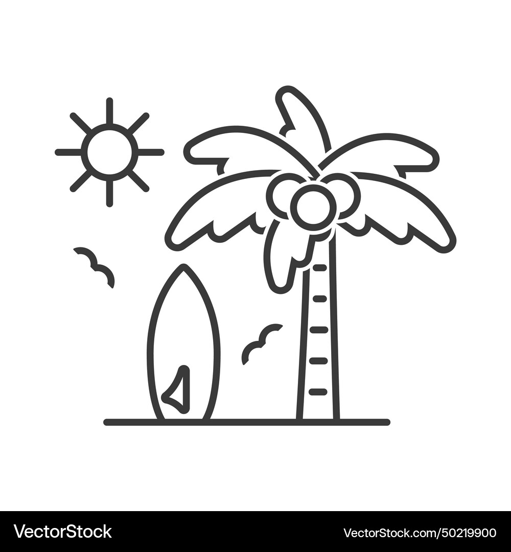 Surfboard and beach with palm line icon Royalty Free Vector