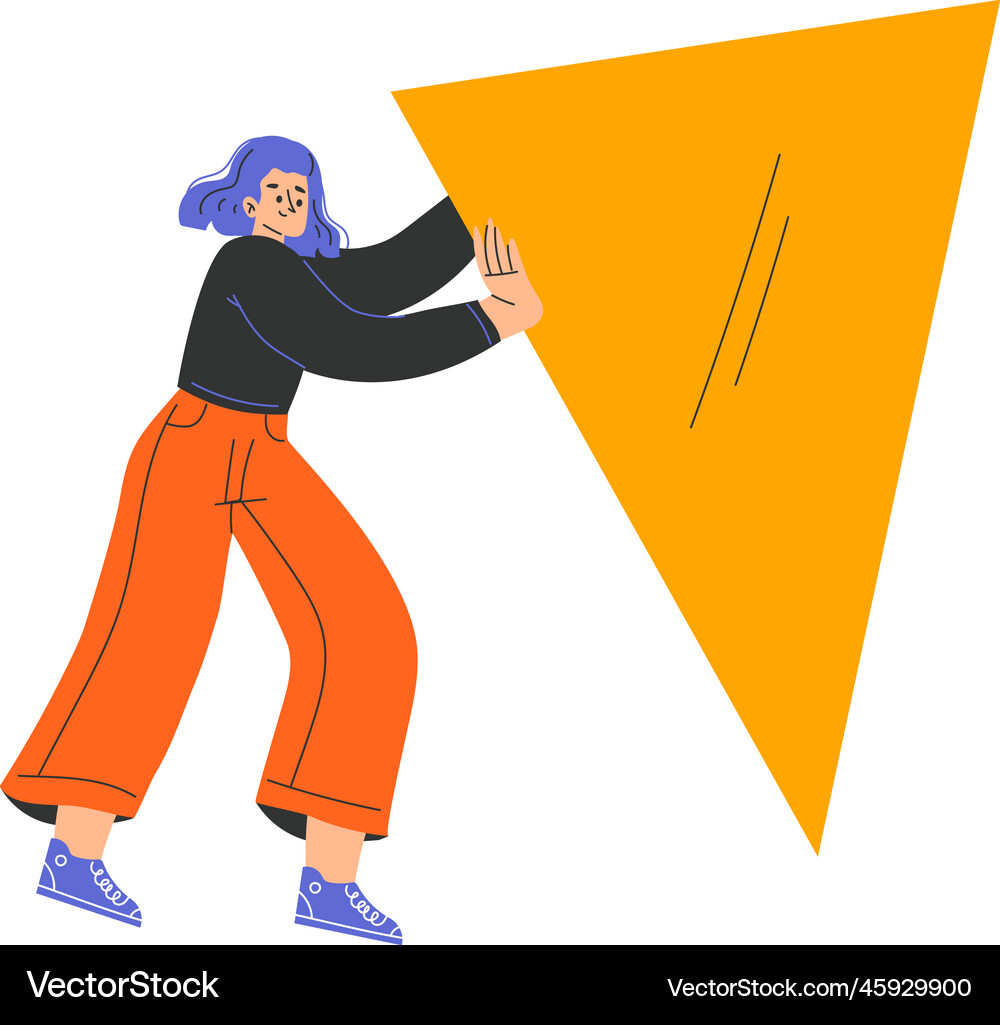 Woman character pushing big orange triangle shape Vector Image
