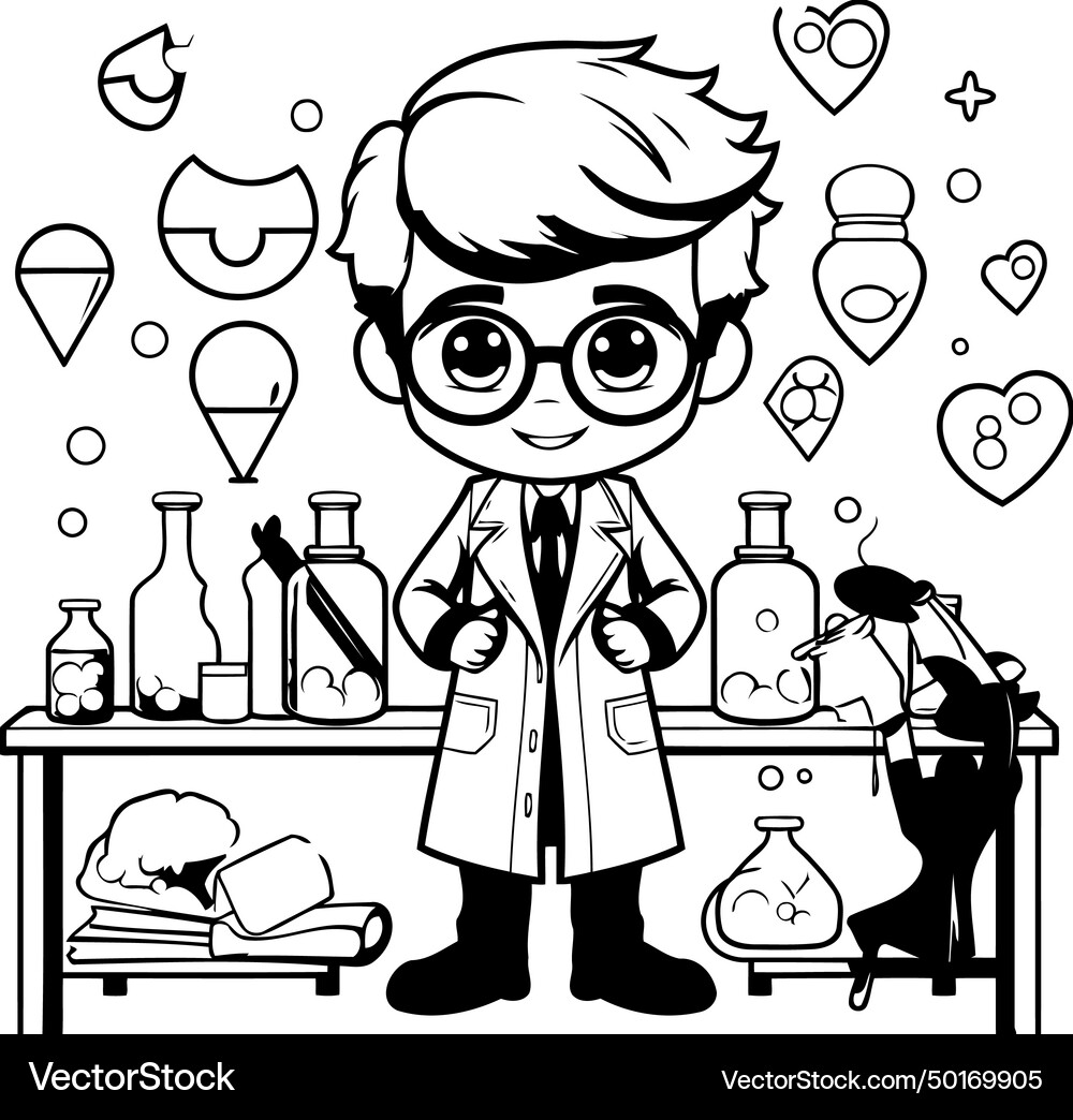 A boy in lab coat and glasses black white Vector Image
