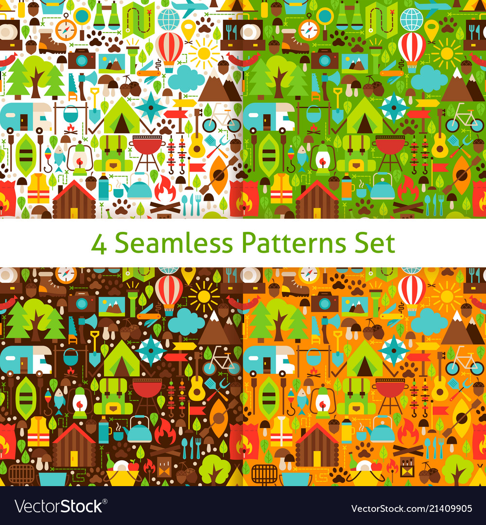 Four flat camping patterns set Royalty Free Vector Image