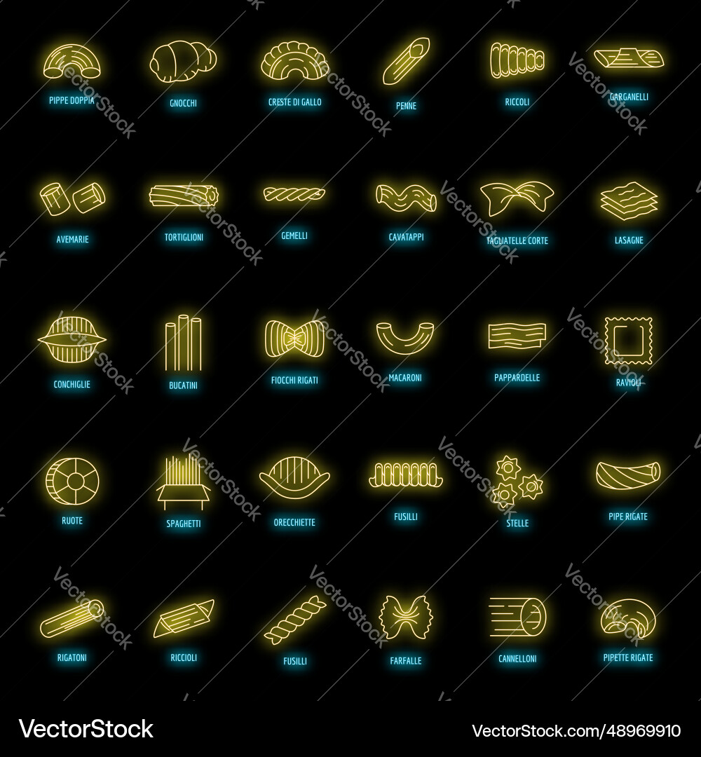 Macaroni pasta spaghetti icons set neon Royalty Free Vector