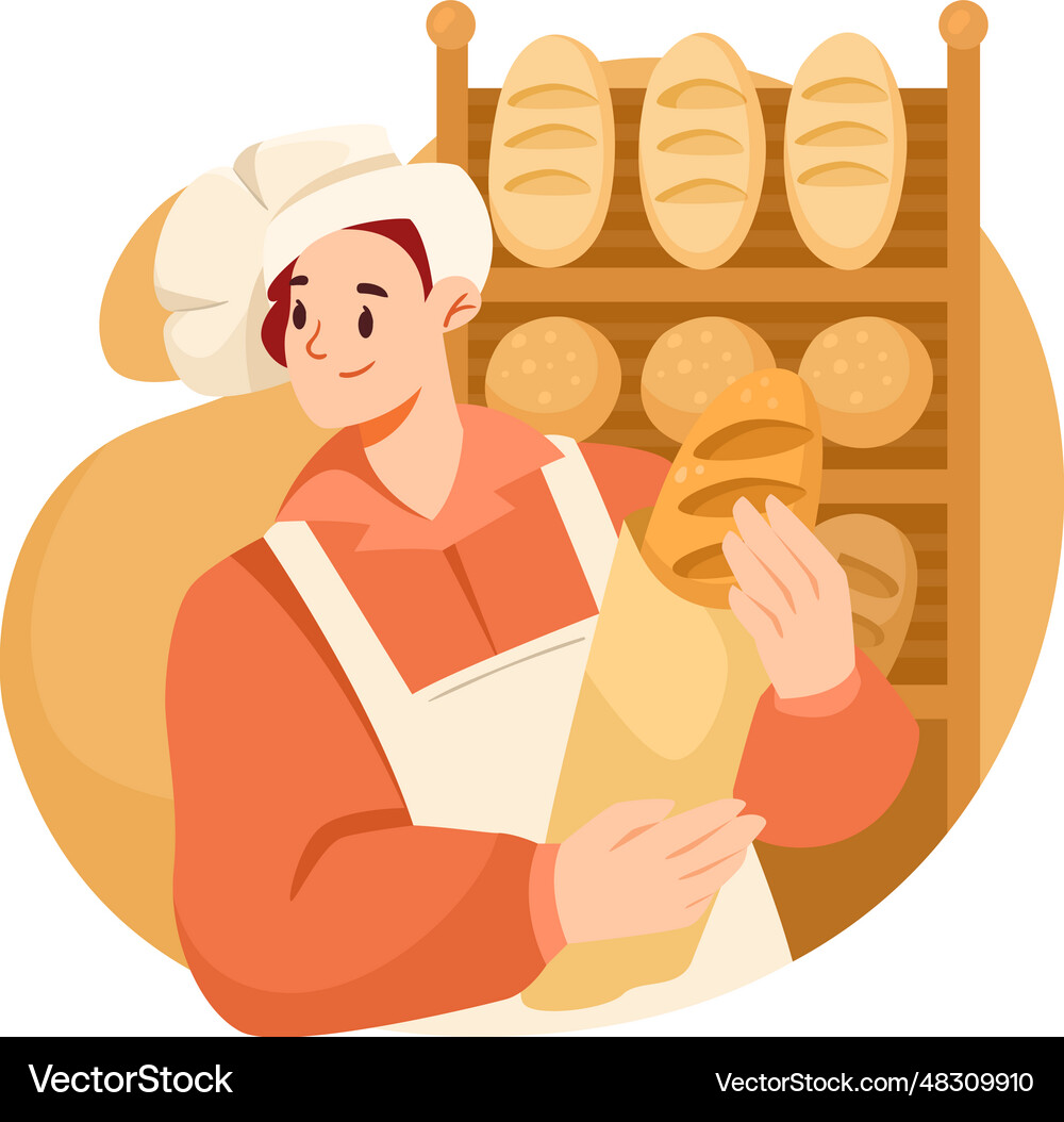 Man bread baker in uniform and toque baking pastry