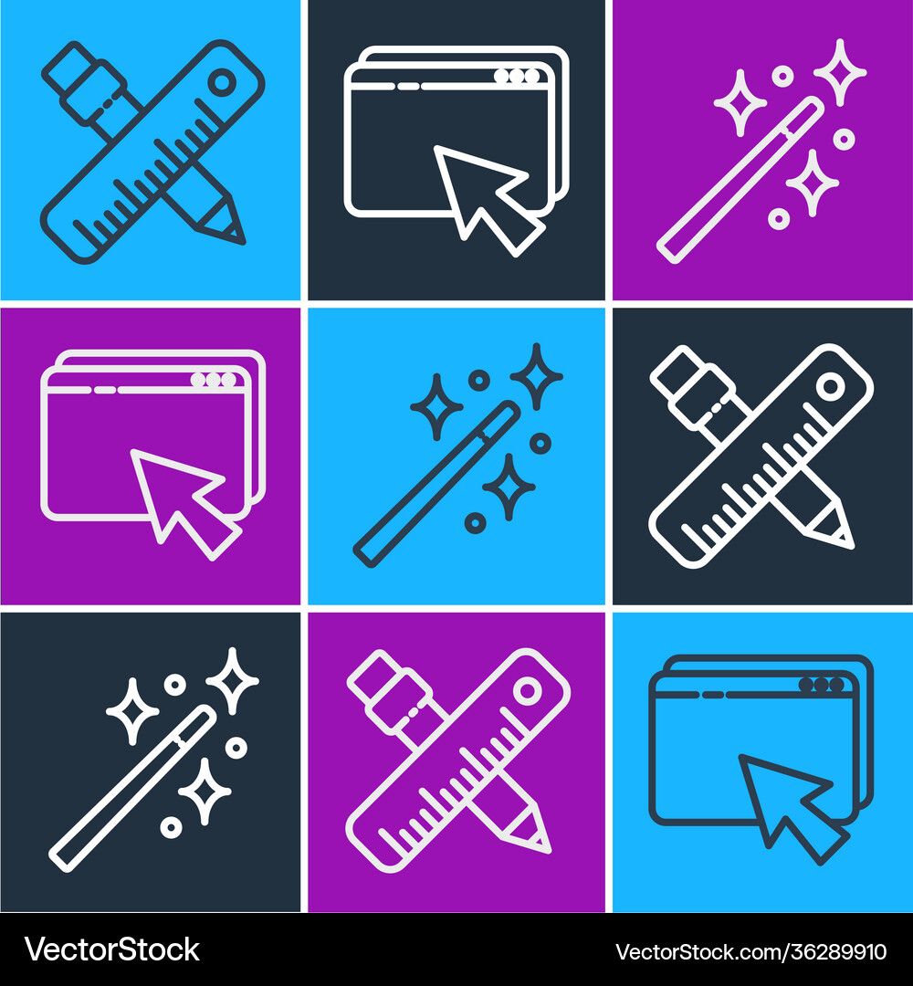 Set line crossed ruler and pencil magic wand Vector Image