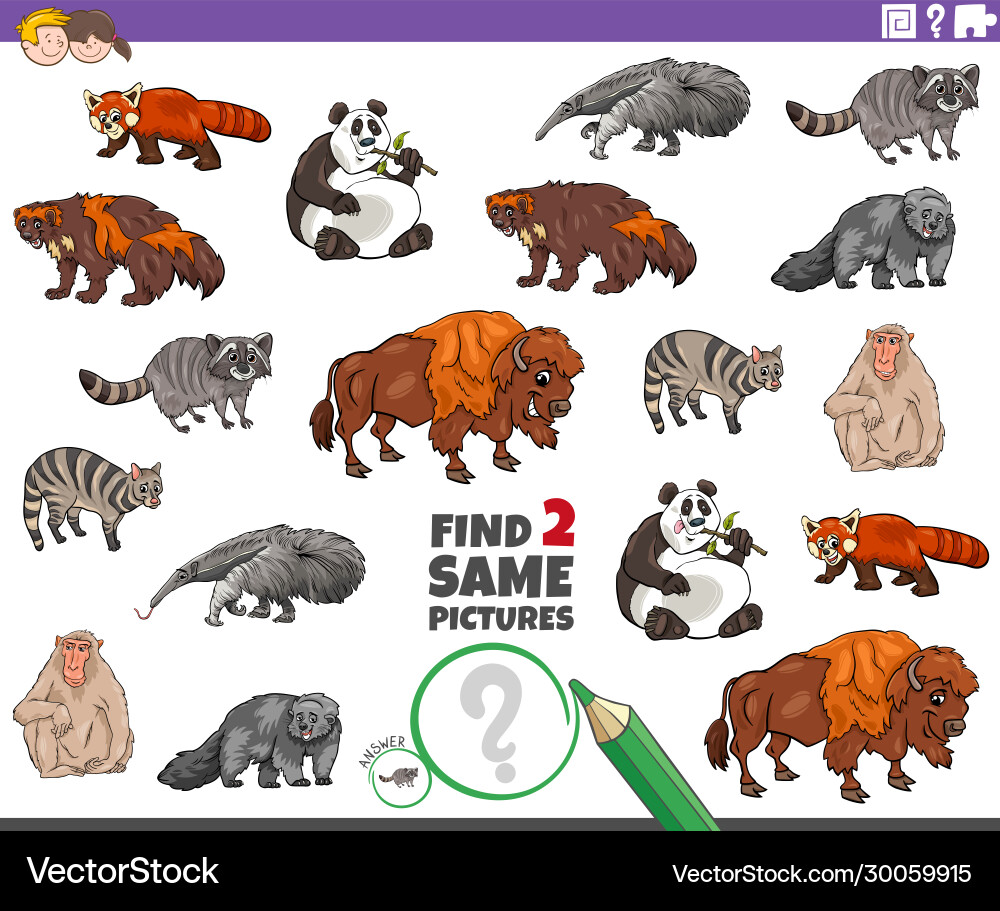 Find two same animal characters game for kids Vector Image