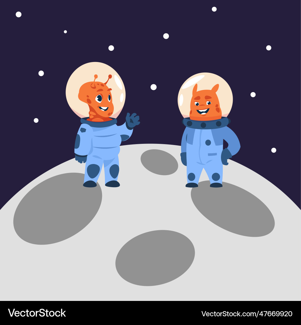 Cartoon alien cosmonauts on moon space adventures Vector Image