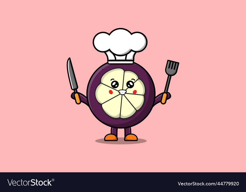 Cute cartoon mangosteen chef hold knife and fork Vector Image Cute cartoon mangosteen chef hold knife and fork Vector Image