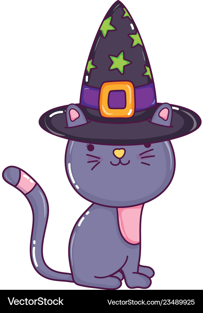 Happy cat animal with witch hat Royalty Free Vector Image
