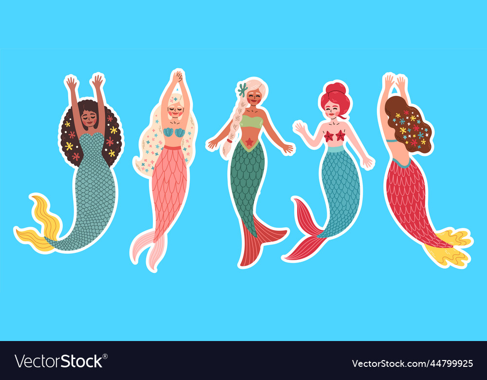 Set of beautiful mermaids different ethnicity Vector Image