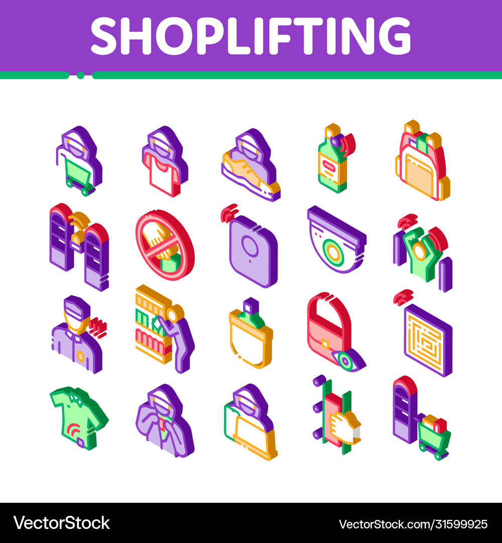 Shoplifting isometric icons set Royalty Free Vector Image