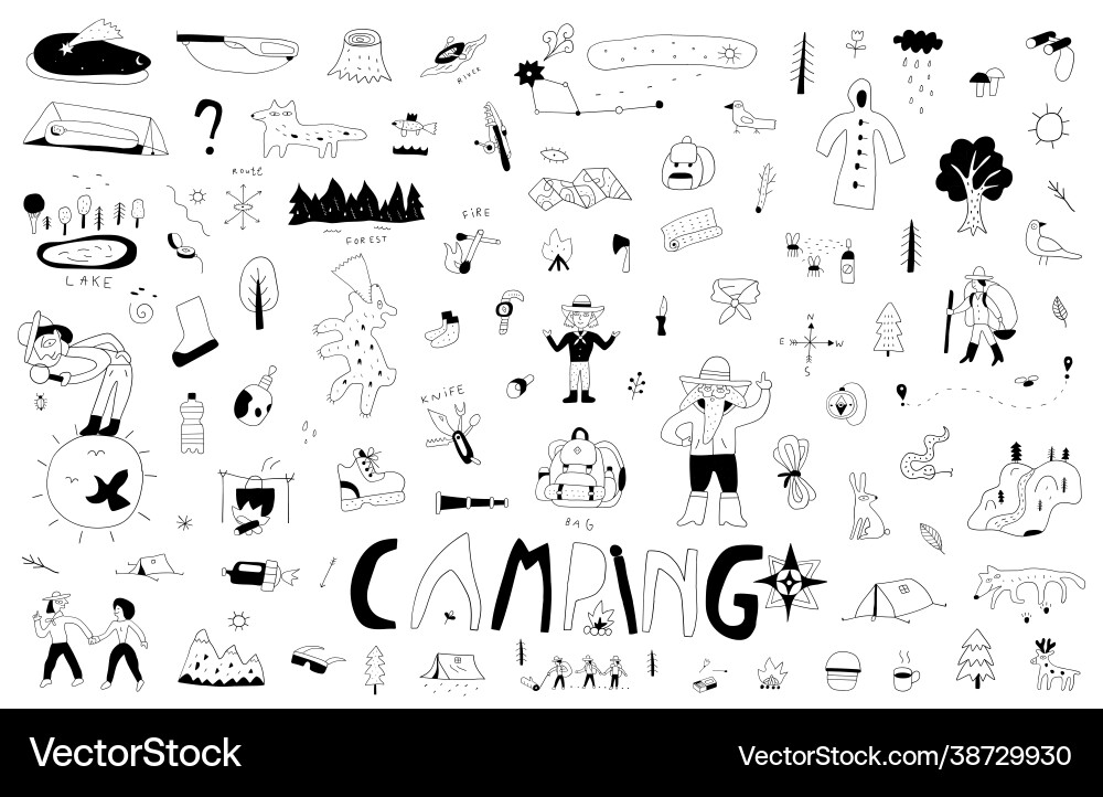 Camping hand drawn doodle set isolated icon Vector Image