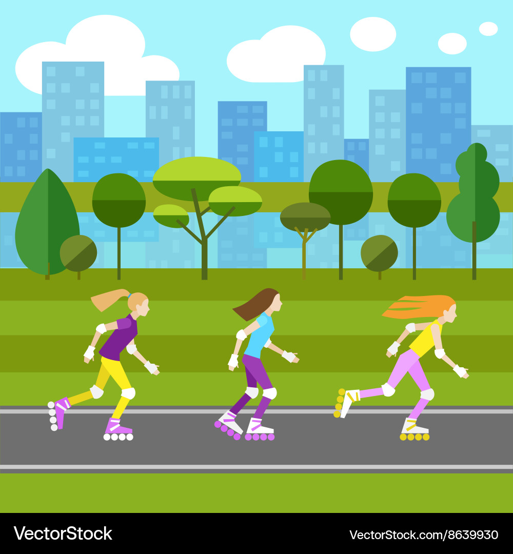 Three girls rollerblading Royalty Free Vector Image