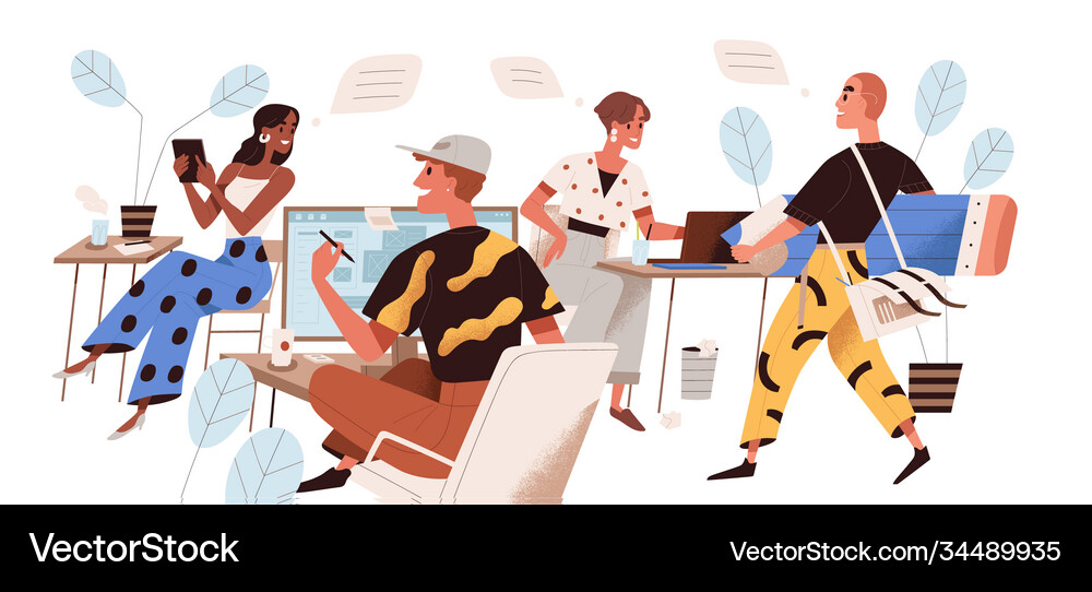 Happy people working at creative design agency Vector Image