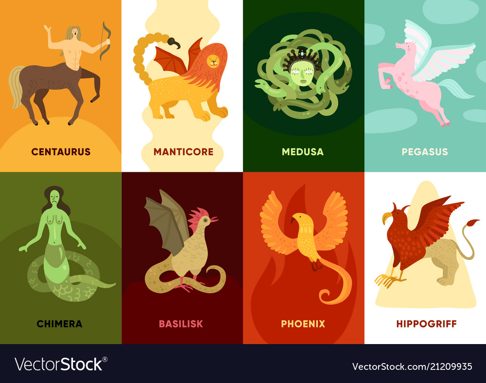 Mythical creatures cards set Royalty Free Vector Image Mythical creatures cards set Royalty Free Vector Image
