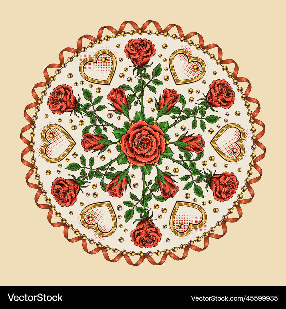 Round pattern with heart roses beads ribbon Vector Image