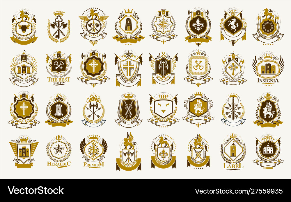 Vintage heraldic emblems big set antique heraldry Vector Image