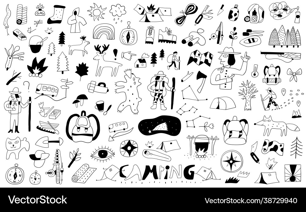 Camping hand drawn doodle set isolated icon Vector Image