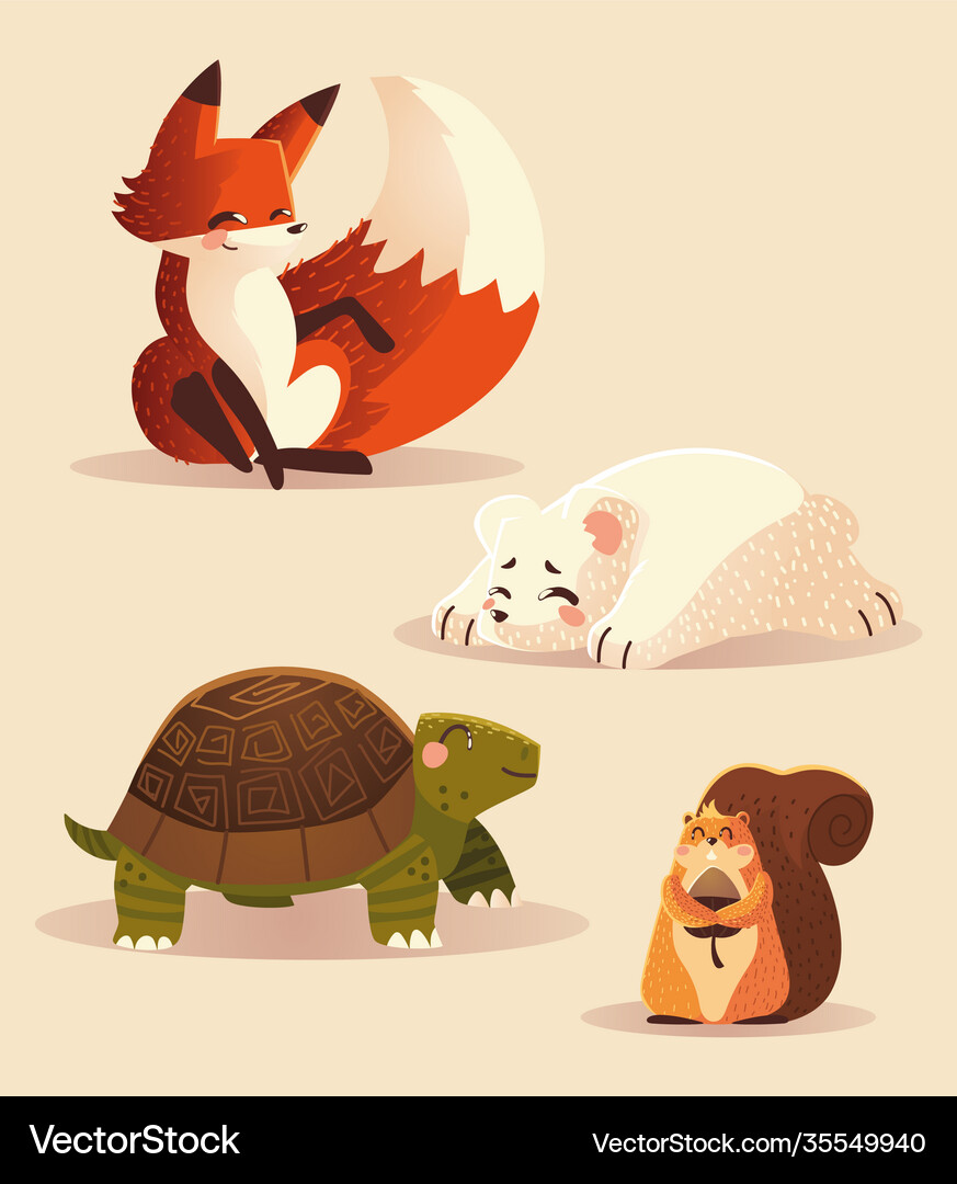 Cartoon animals fox turtle squirrel and polar bear