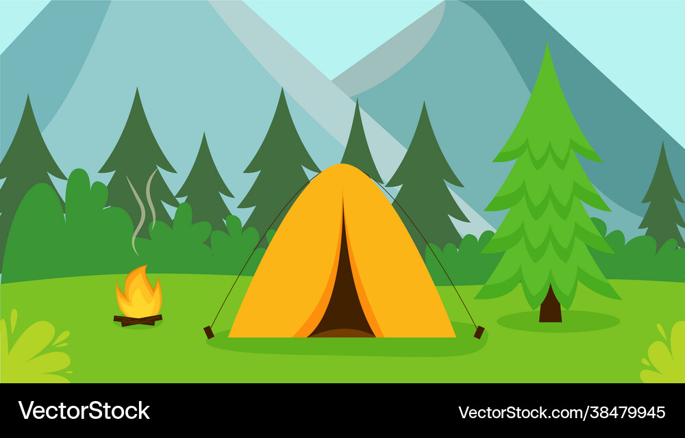 Camping landscape with a tent campfire Royalty Free Vector