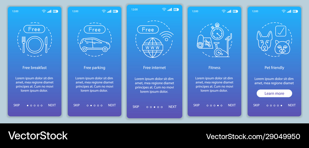 Hotel amenities onboarding mobile app page screen Vector Image