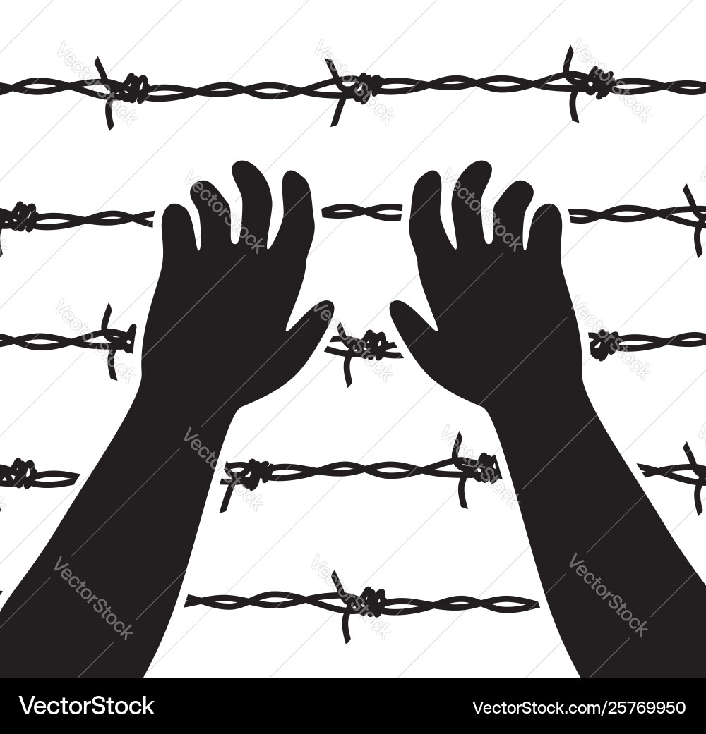 Raised hands and barbed wire prison boundary Vector Image