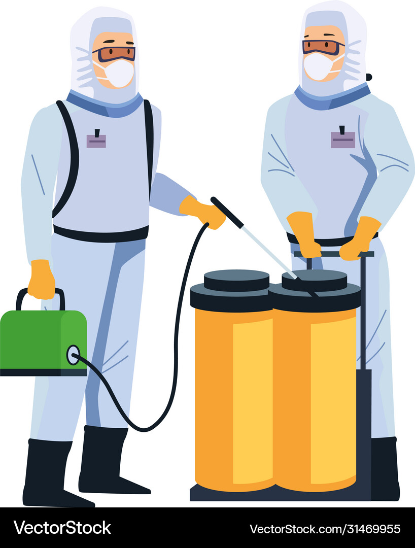 Biosafety workers with sprayer portable and tanks Vector Image