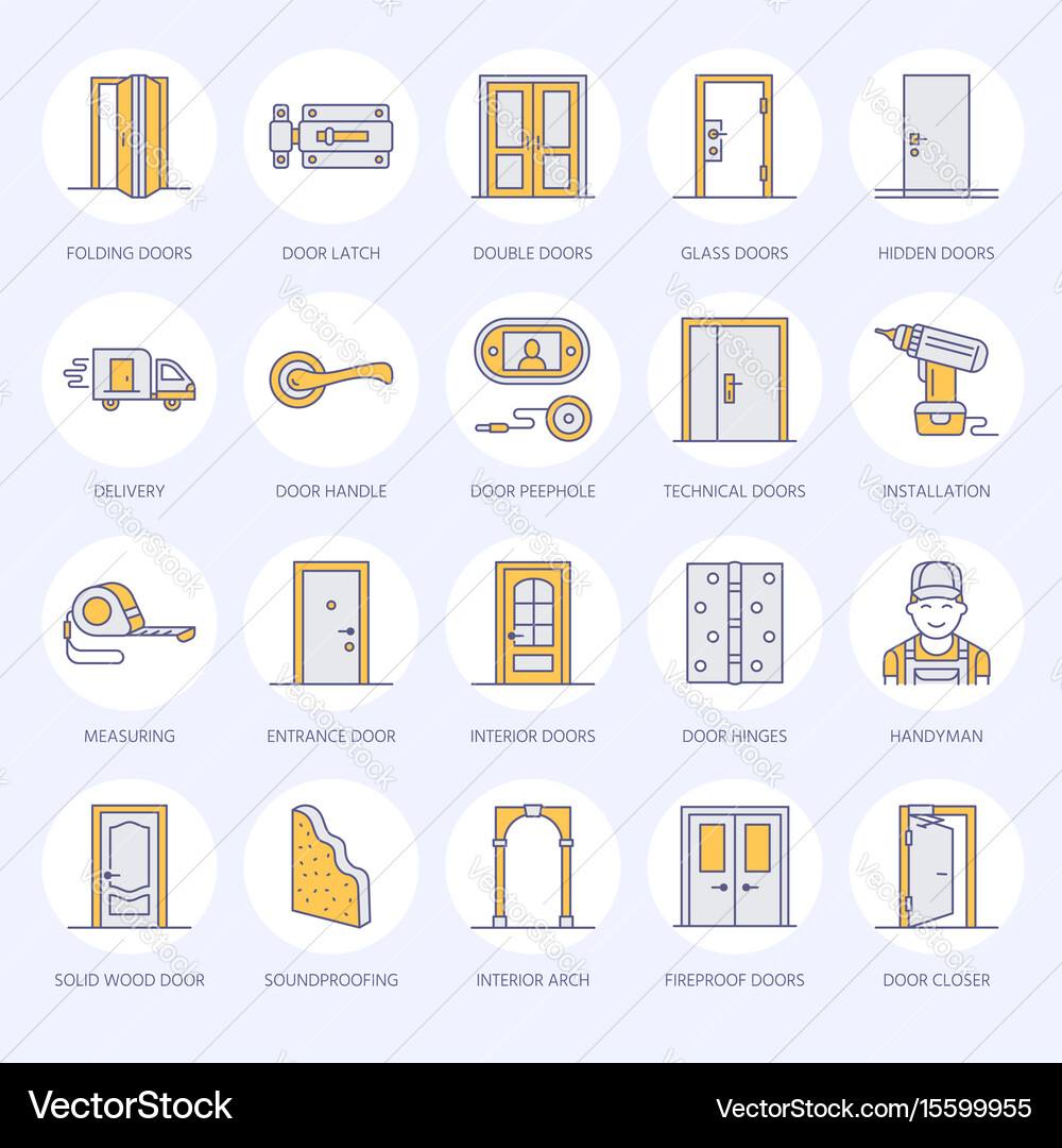 Doors installation repair line icons various Vector Image