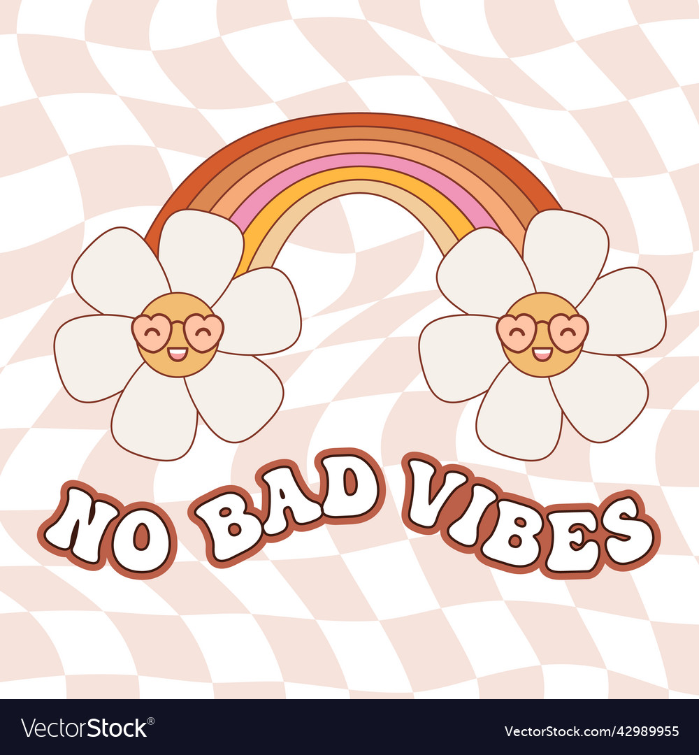 Hippie smiling rainbow with no bad vibes slogan Vector Image