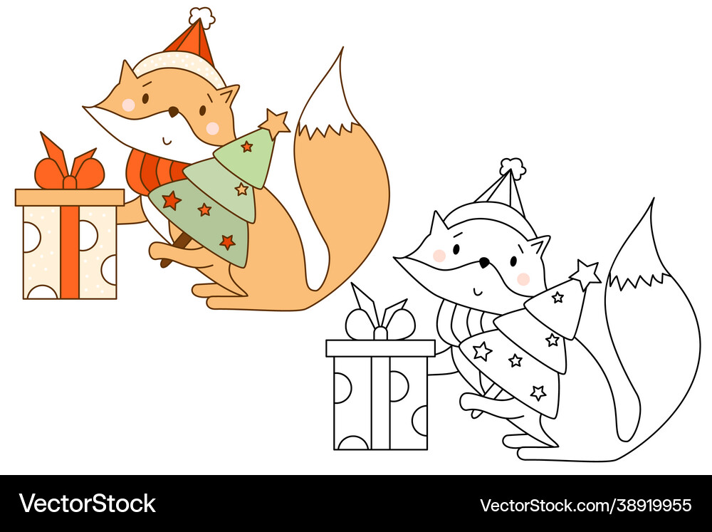 Santa fox with christmas tree and big gift box Vector Image
