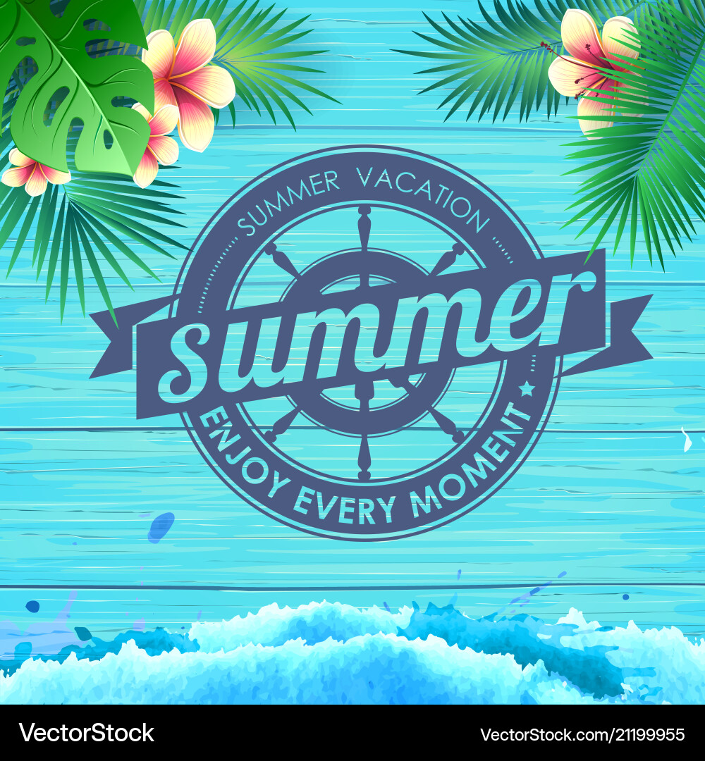 Summer poster on blue wooden background Royalty Free Vector