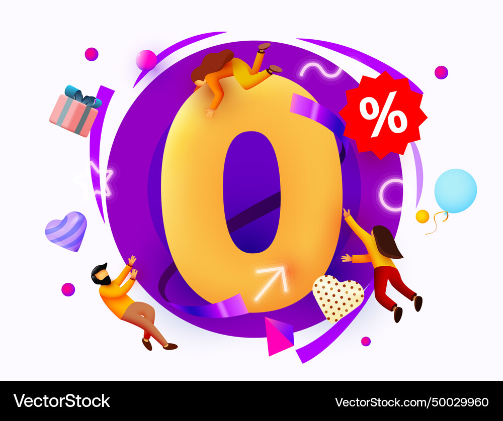 3d zero number with flying people percent Vector Image