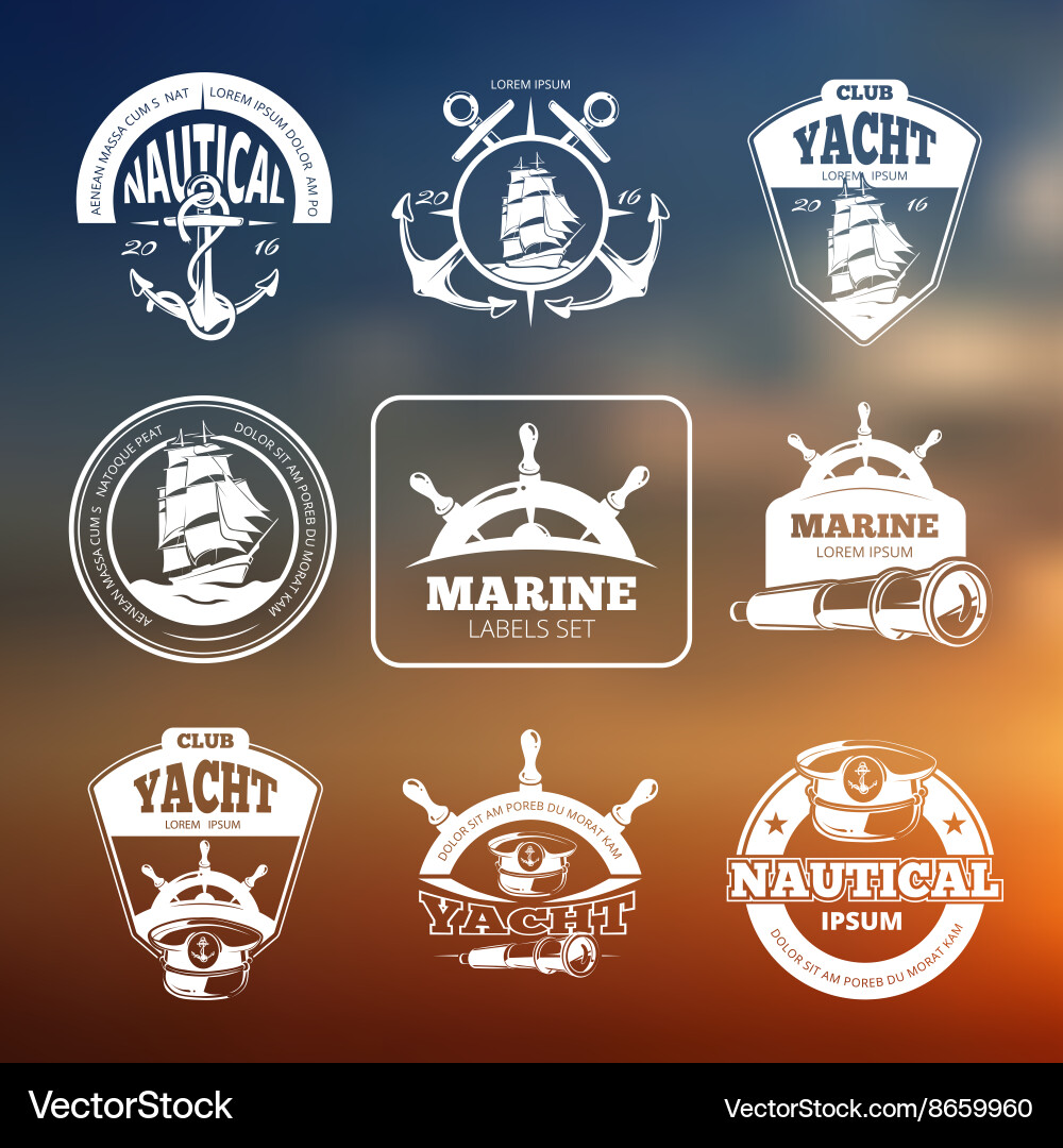 Marine nautical labels on blurred Royalty Free Vector Image