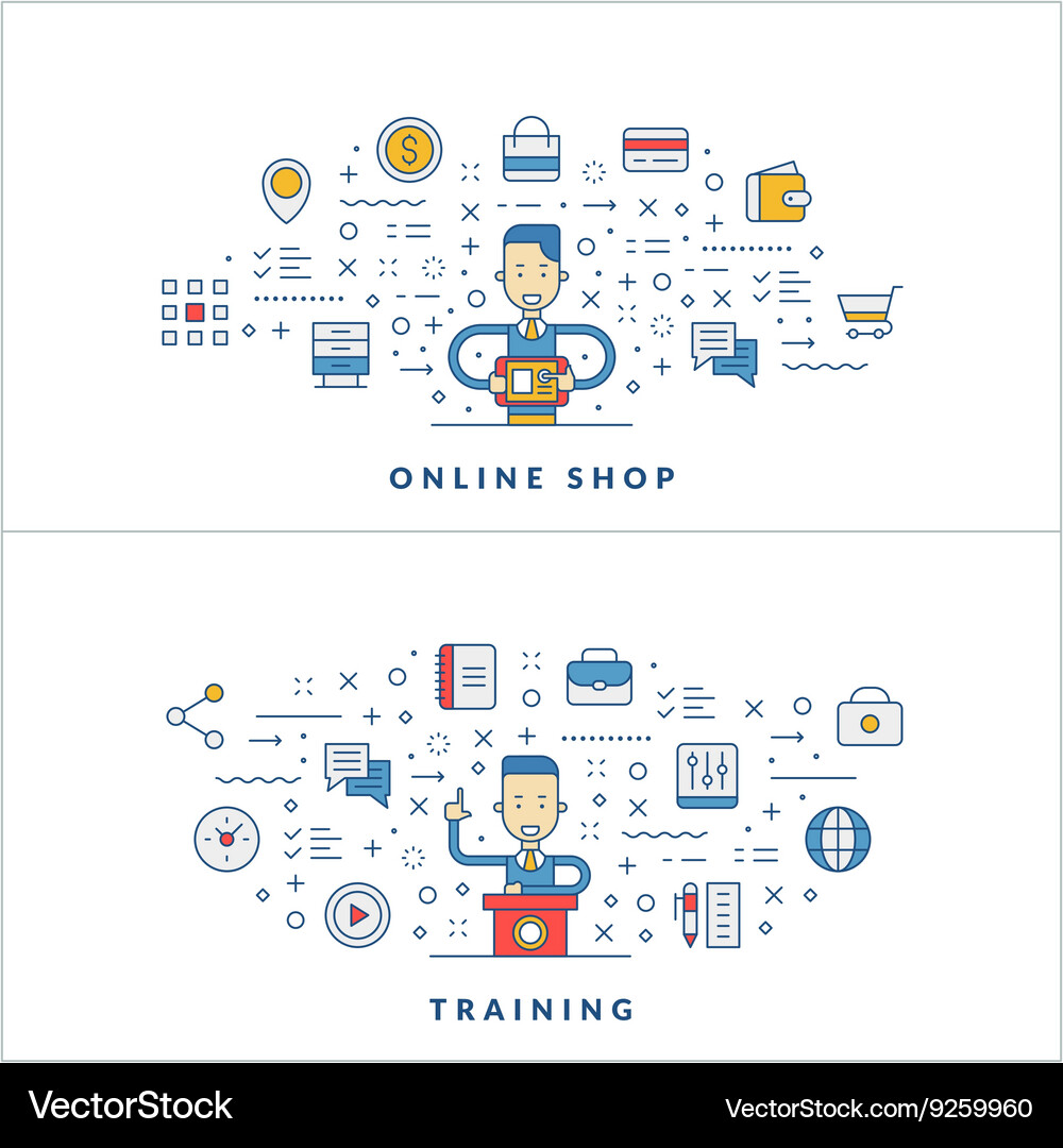 Online shop training flat line icons Royalty Free Vector