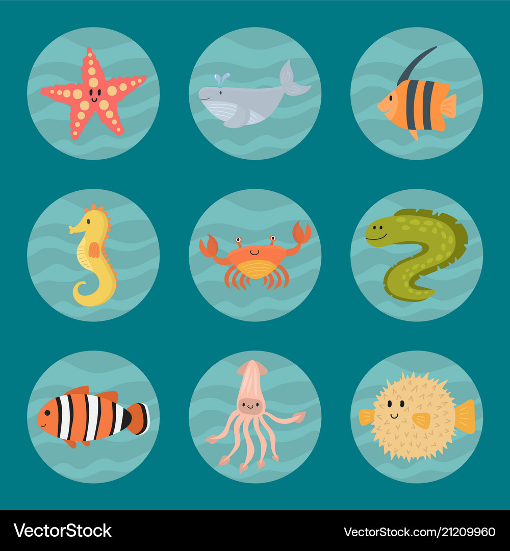 Sea animals creatures characters cartoon Vector Image