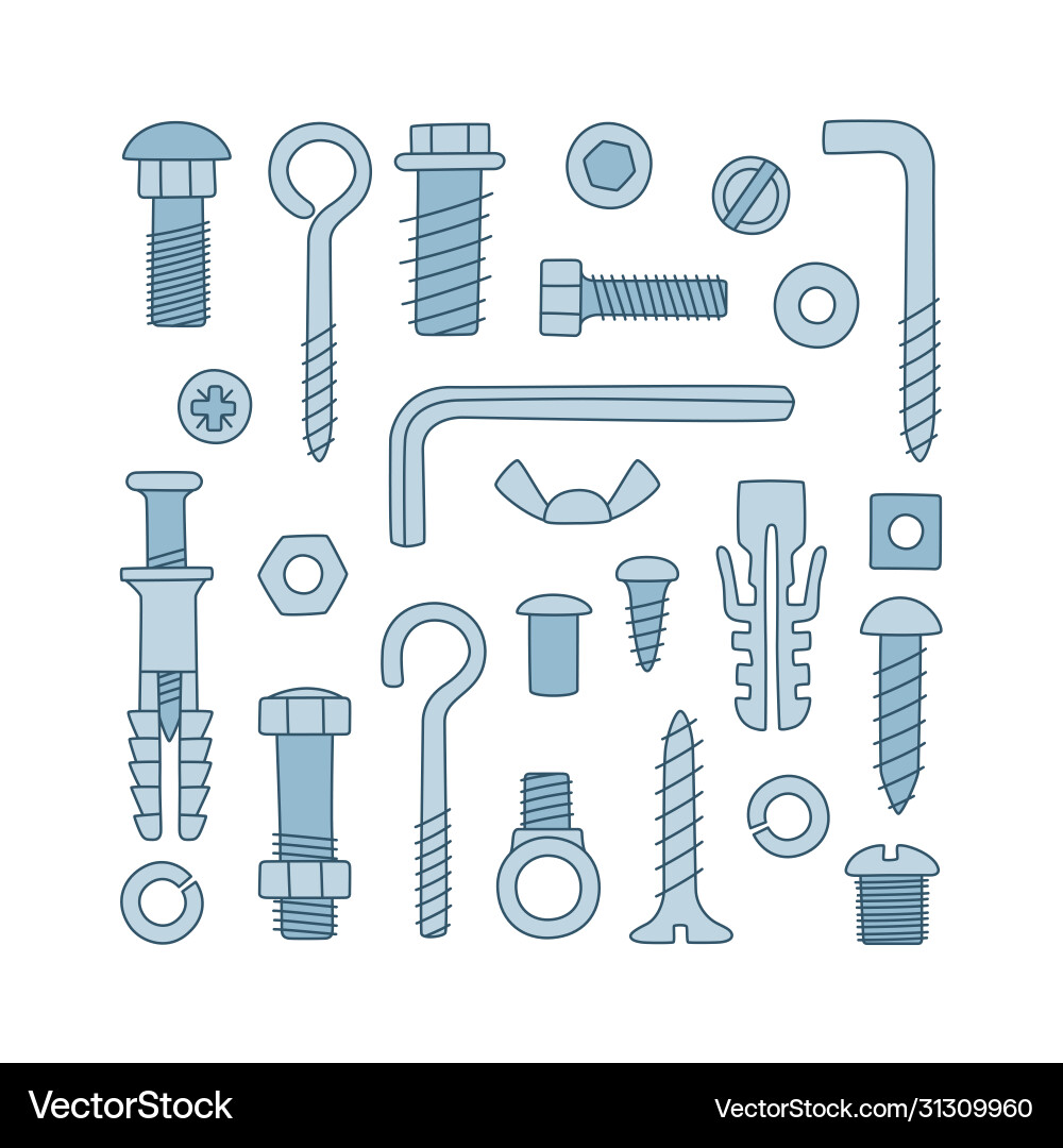 Set fasteners bolts screws nuts dowels Royalty Free Vector