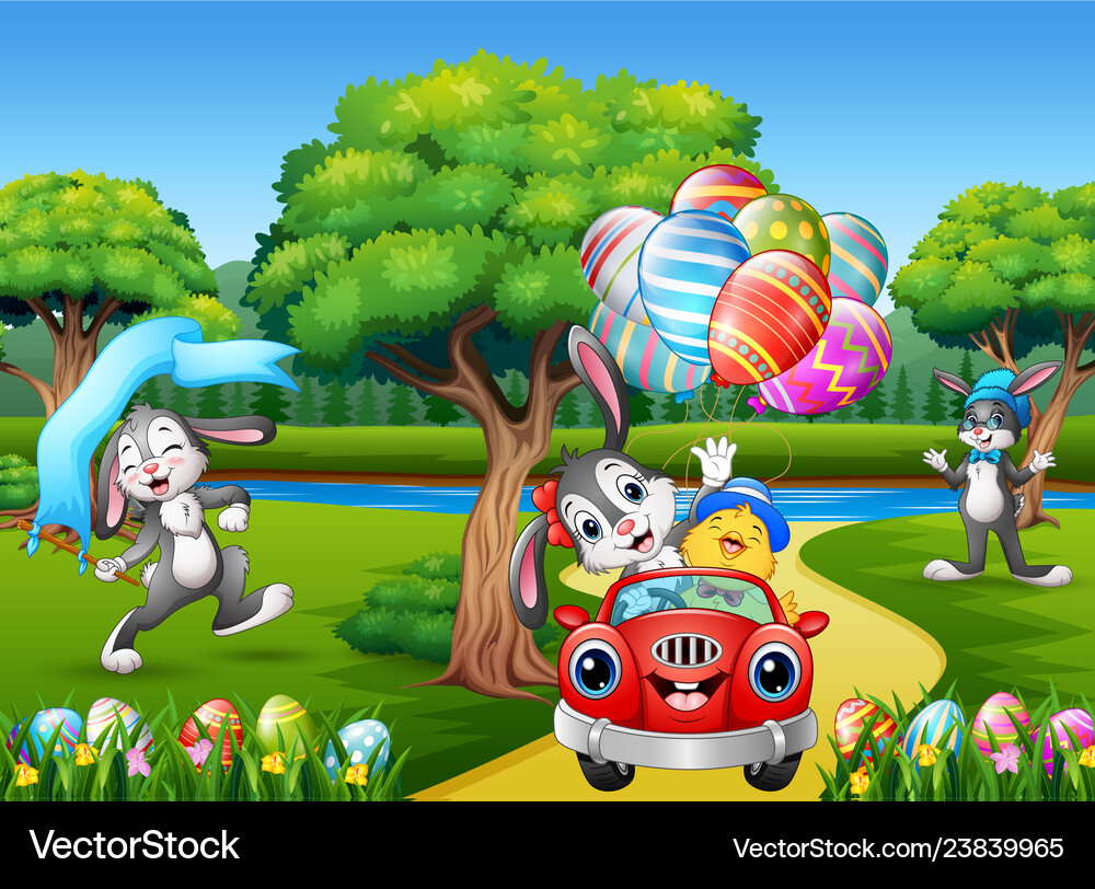 Happy easter rabbit riding a car with chick holdin